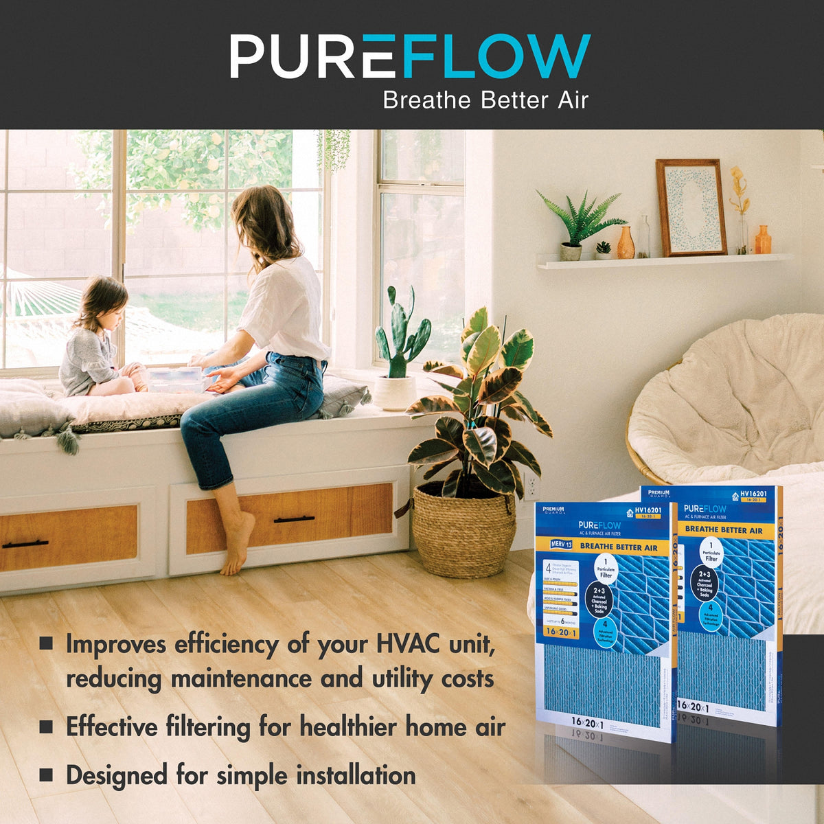PUREFLOW, Home Furnace Air Filter 12x12x1, with 4 Layers of Advanced F ...
